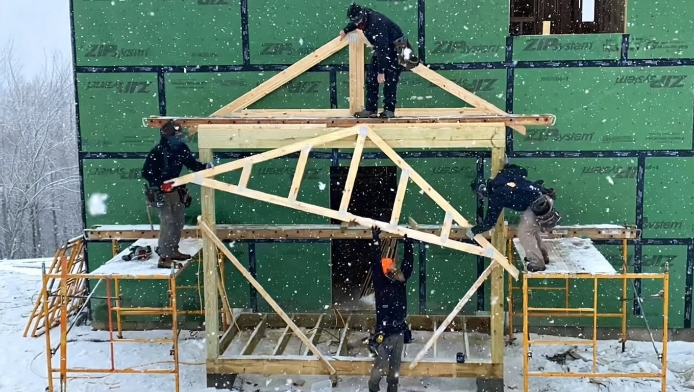 Snowfall slows the farmhouse build