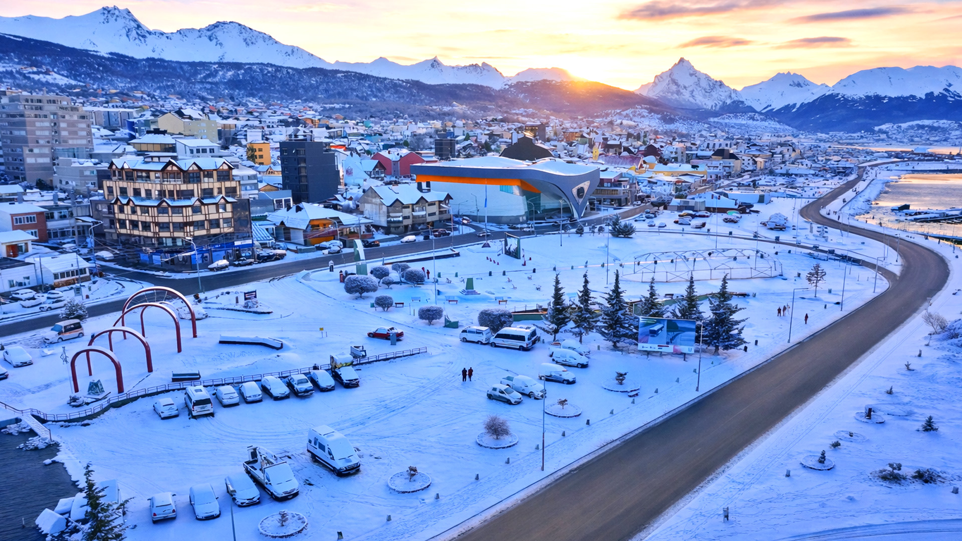 Patagonian winter scene in Ushuaia city from above