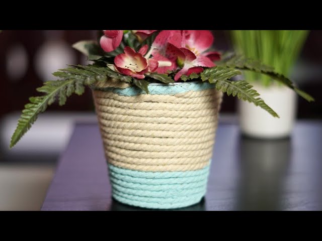 DIY bucket planter decorated with rope