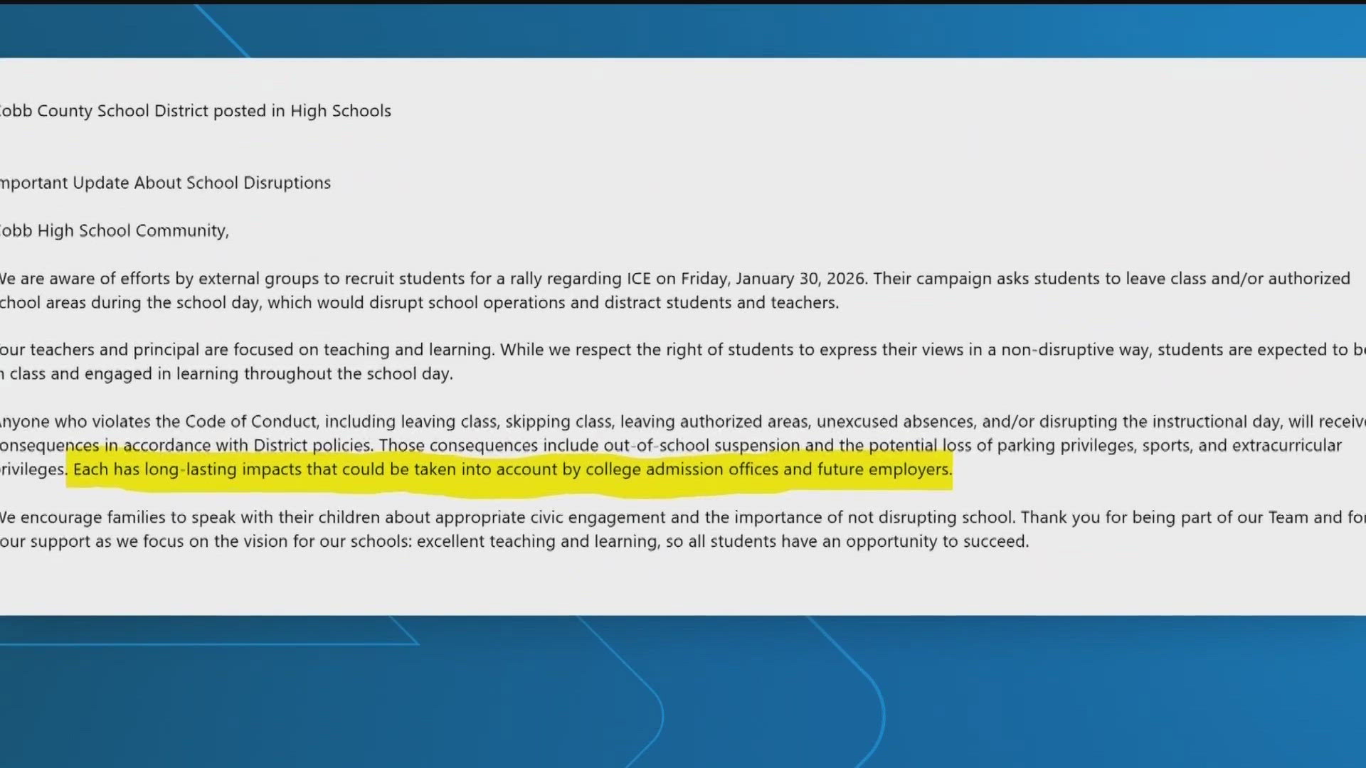 Metro Atlanta school district warns students of consequences of ...