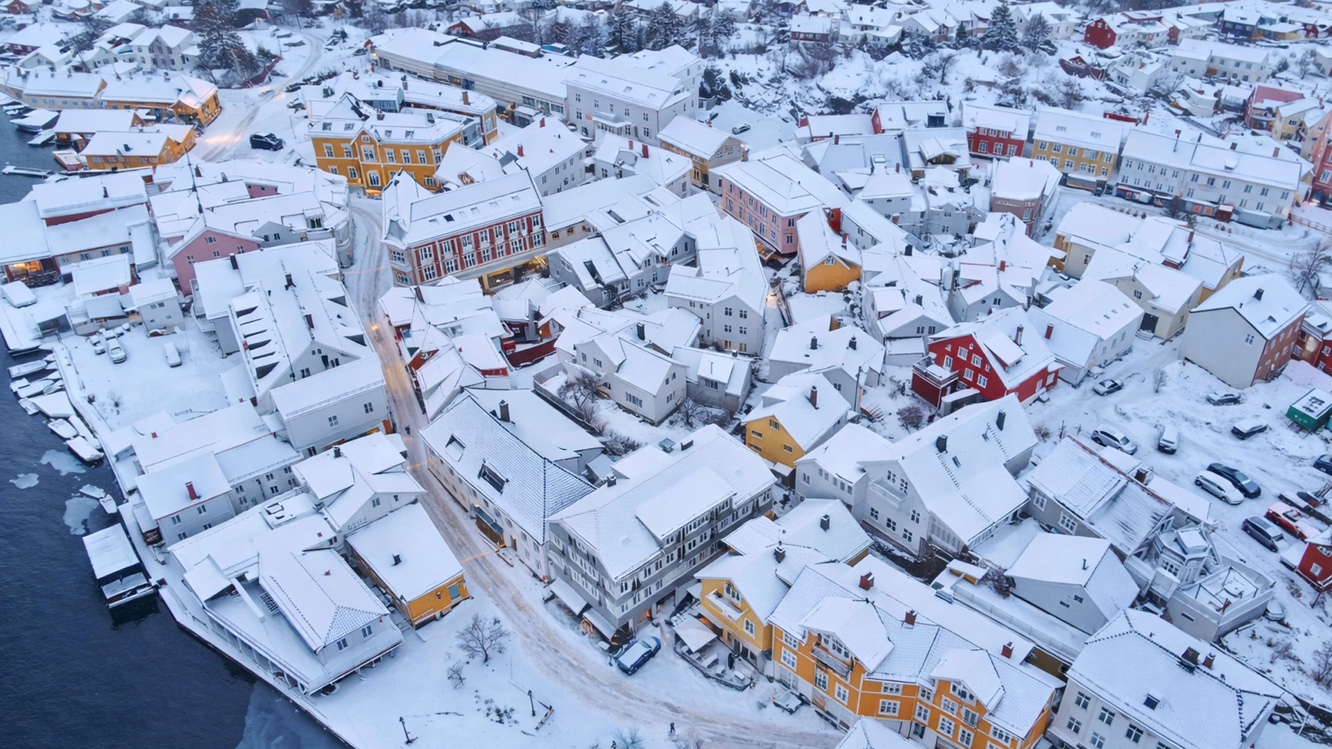 Snow covered rooftops in a Scandinavian town