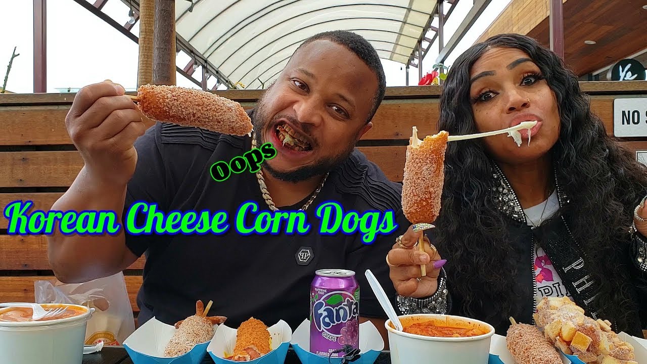 Trying squid ink corn dog and insanely cheesy corn dogs