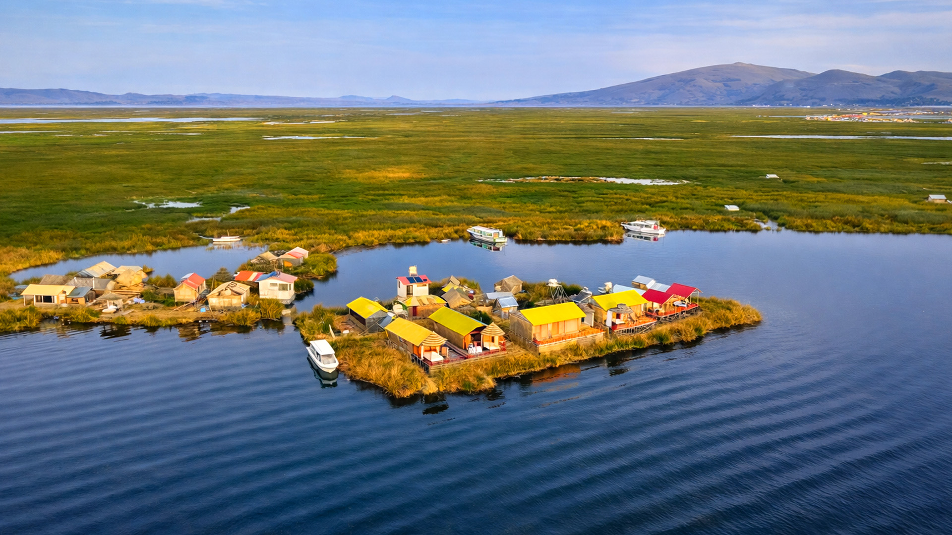Colorful reed islands drifting on Lake Titicaca