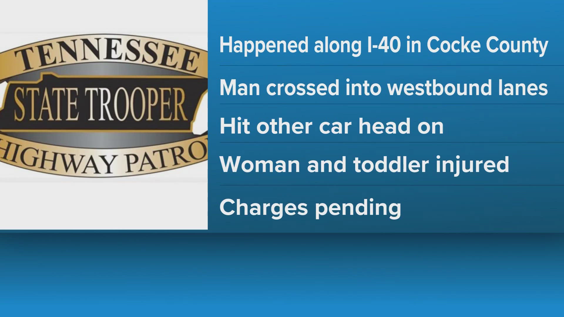 THP: Wrong-way crash injures toddler, 2 others on I-40 in Cocke County
