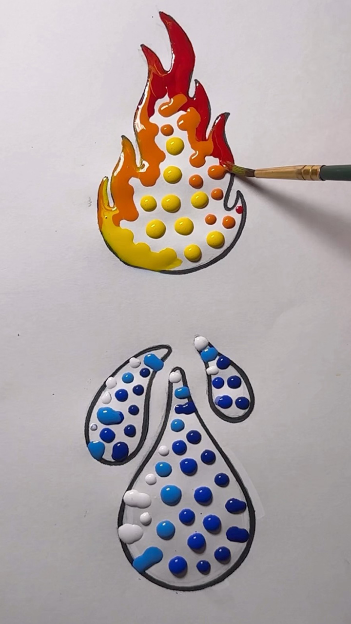 Fire vs water painting with acrylic paint dots