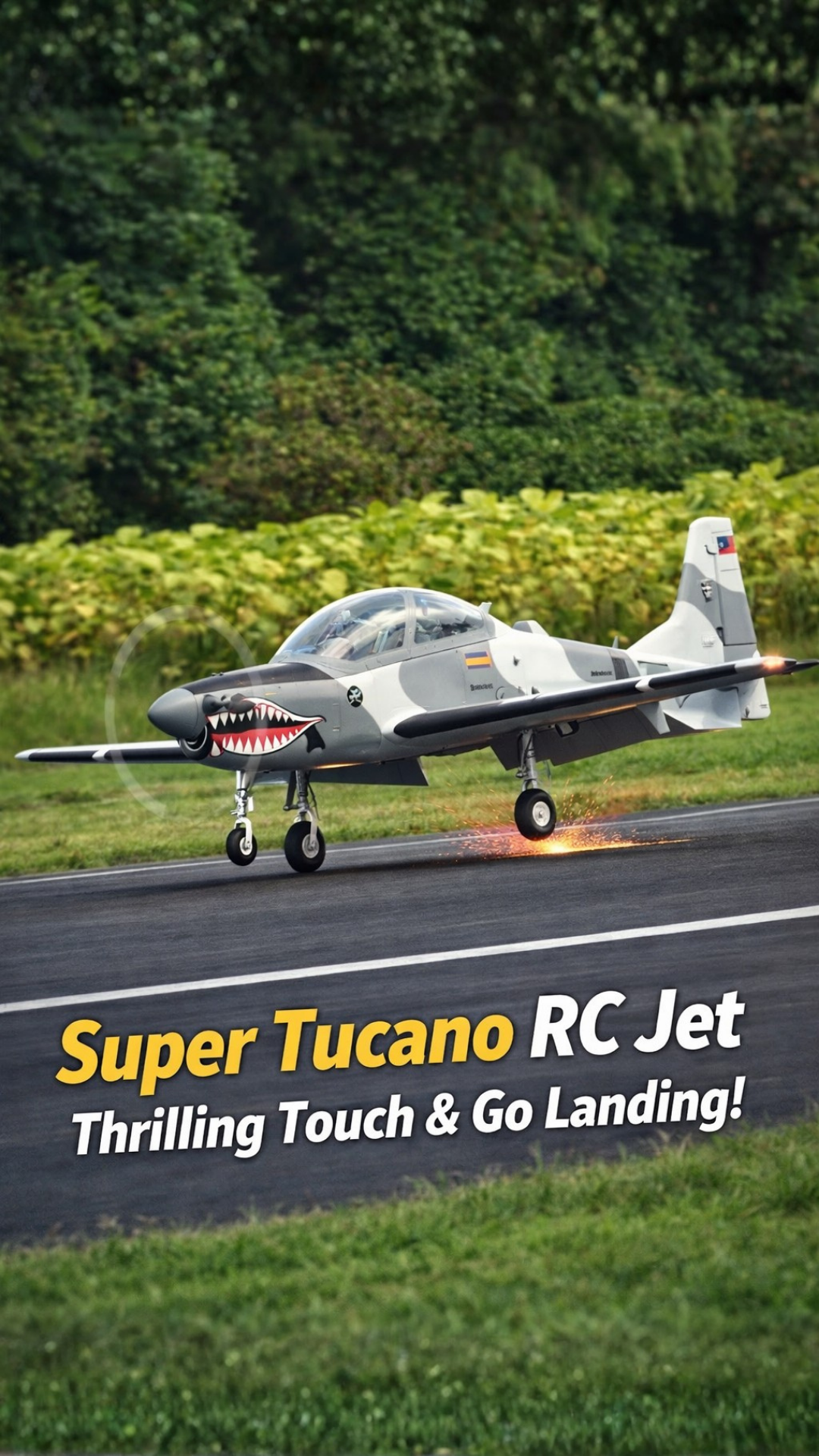 Super Tucano RC jet thrilling touch & go landing!