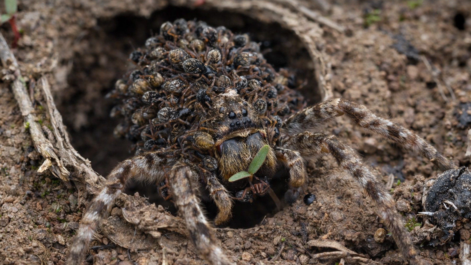A mother spider carrying 1000 baby spiders