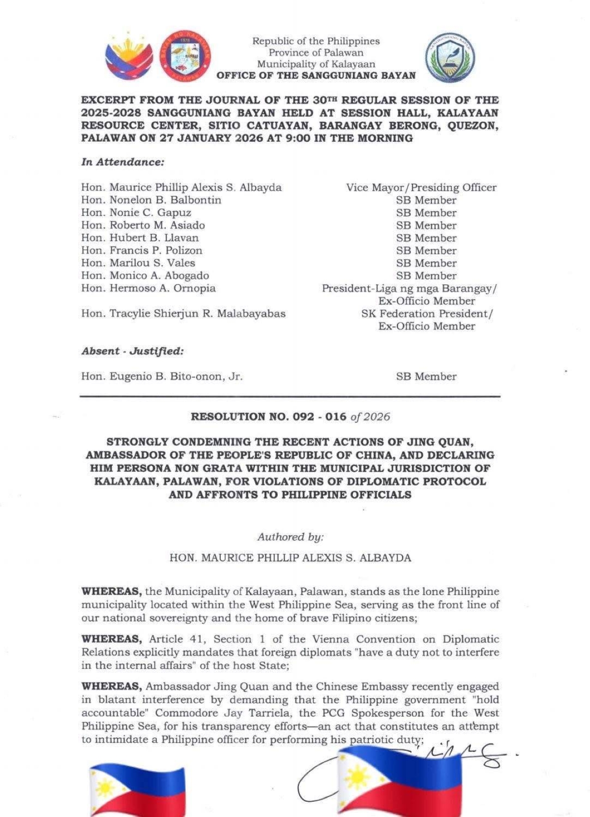 Palawan town declares Chinese ambassador 'persona non grata'