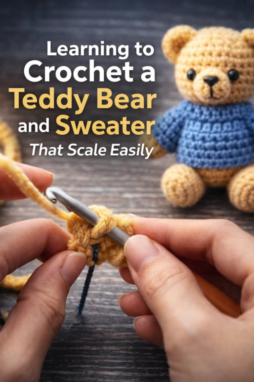 Learning to crochet a teddy bear and sweater that scale easily