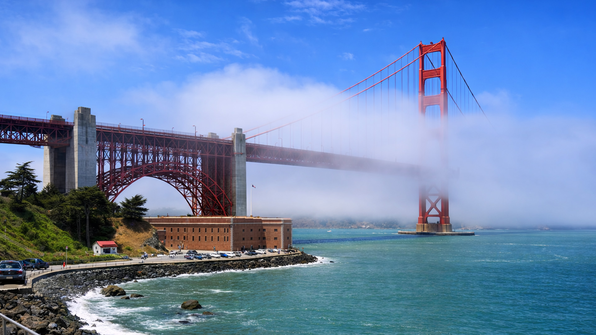 Golden Gate Bridge scenic views with foghorn sounds (4K)