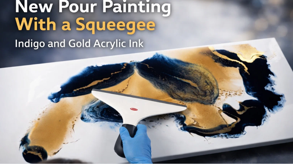 New pour painting with a squeegee | Indigo and gold acrylic ink