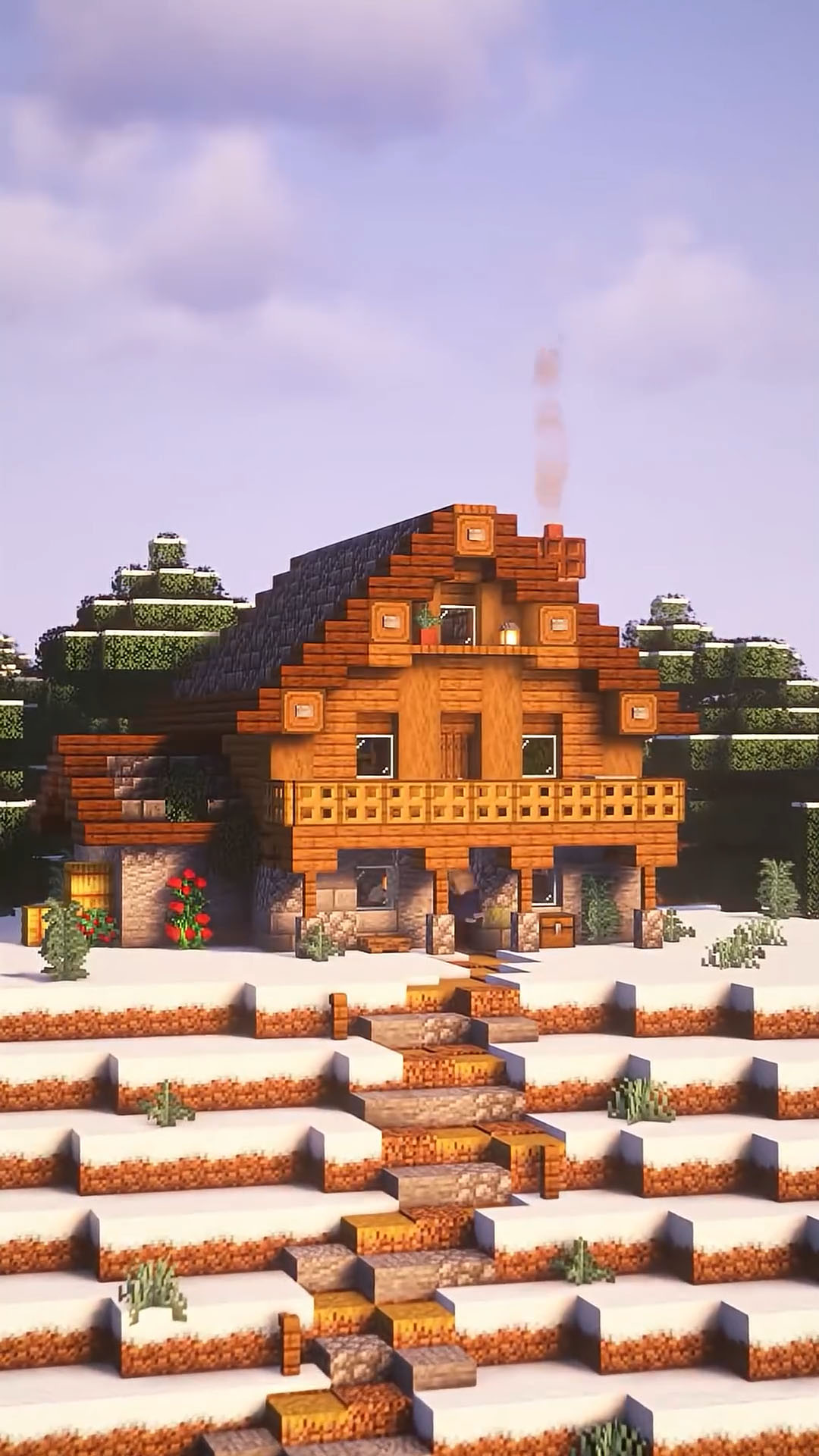 A warm Minecraft cabin surrounded by nature