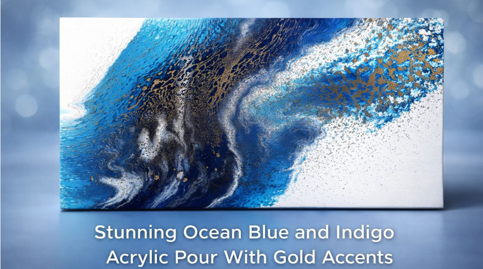 Stunning ocean blue and indigo acrylic pour with gold accents