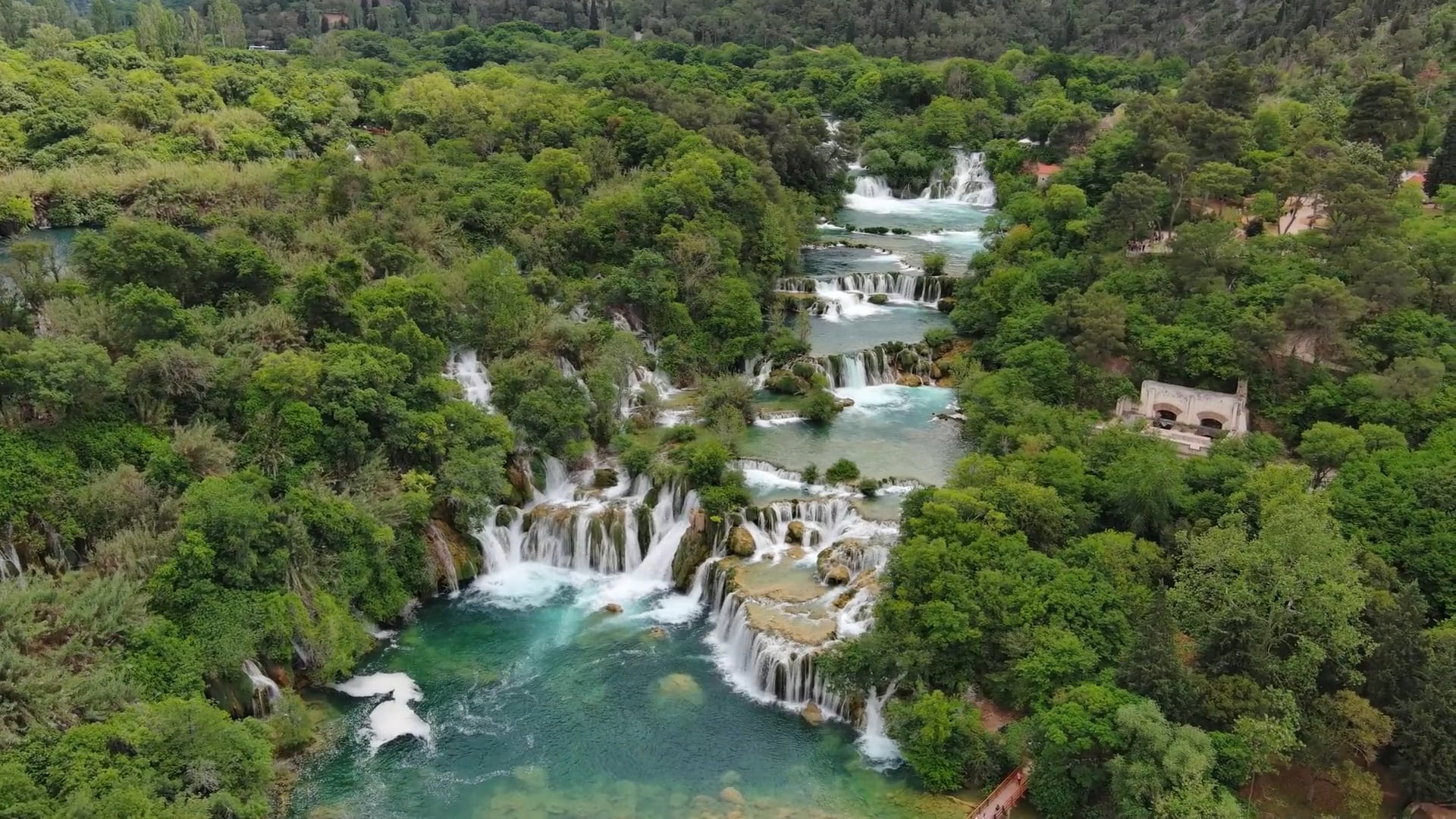 Krka, Croatia: Drone views of spectacular waterfalls in central Dalmatia