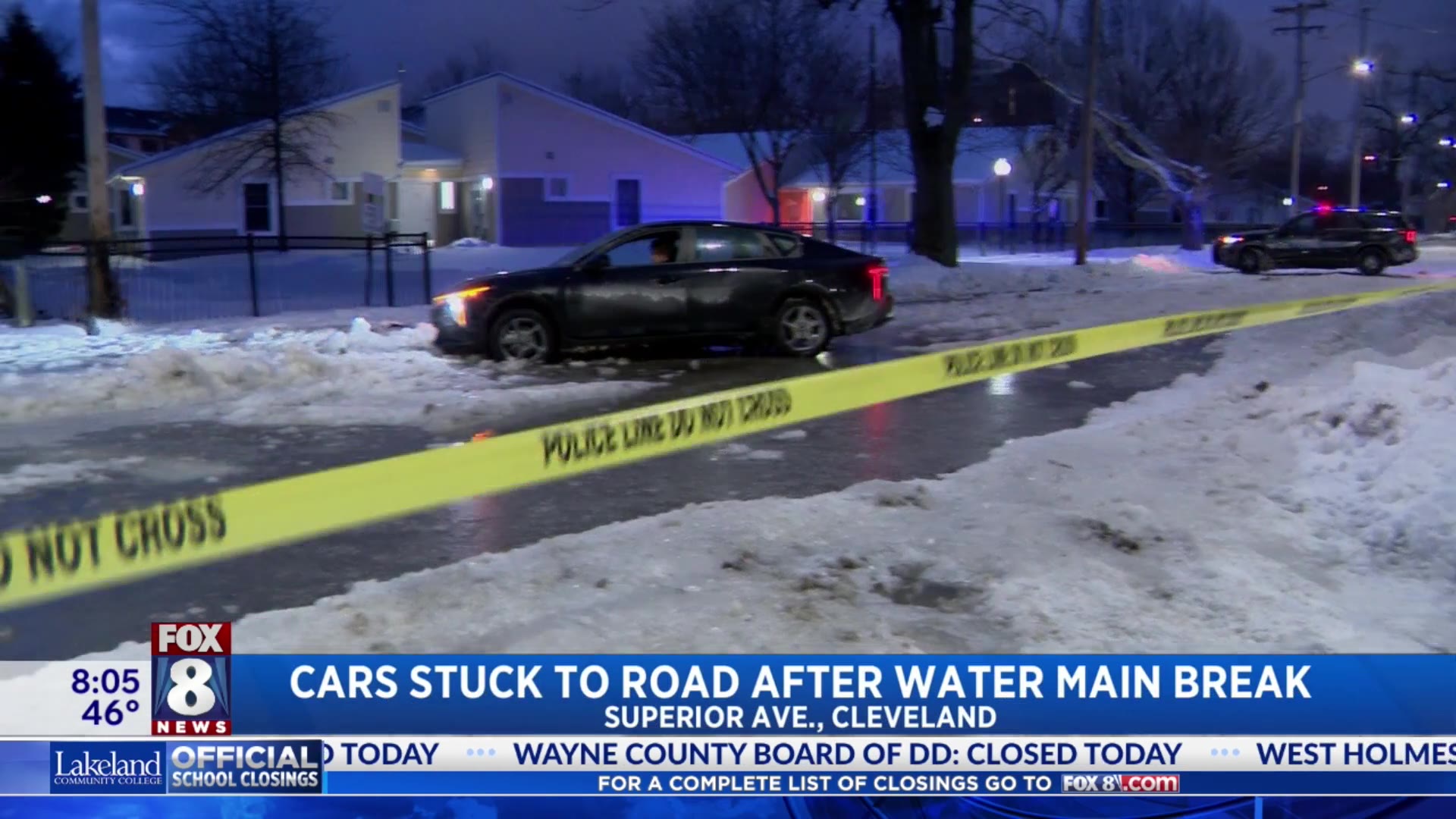 Cars stuck to the road after water main break