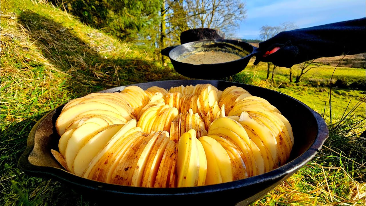 Potatoes au gratin with juicy chicken ASMR outdoor cooking