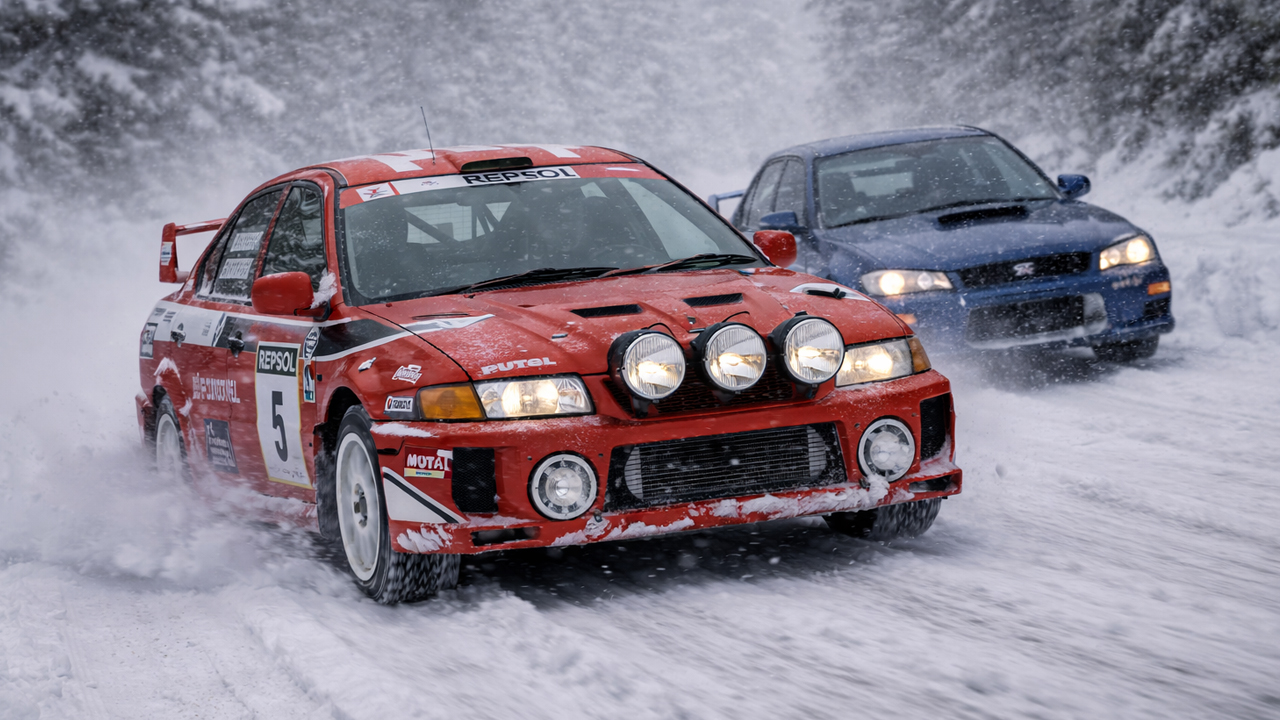 Subaru WRX hits Evo during snow drift chaos