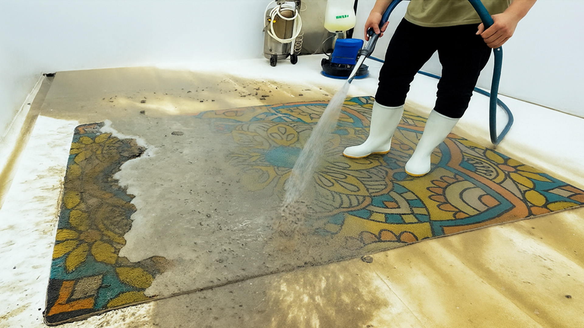 Rinsing dirt from a worn patterned rug