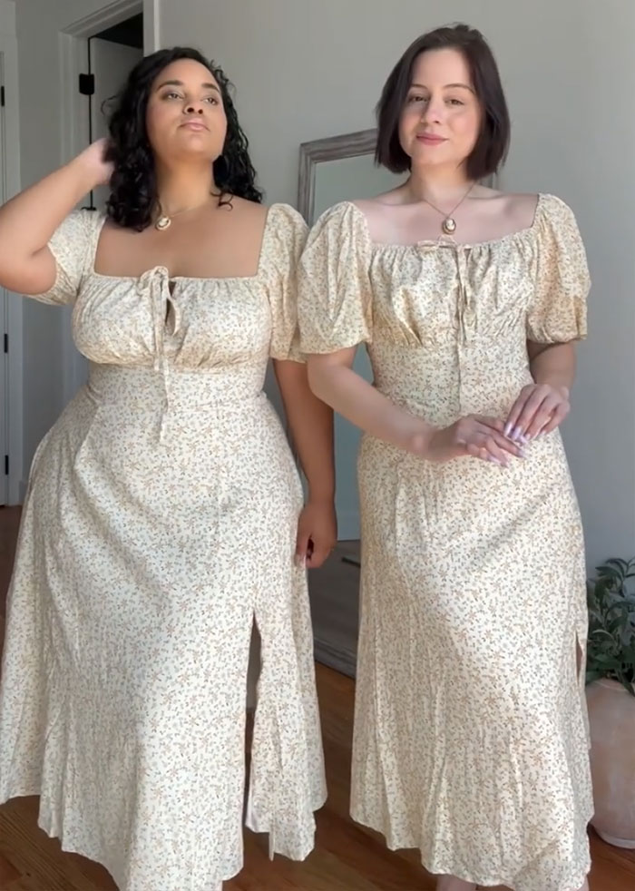 Two friends show how the same clothes look on their different bodies ...