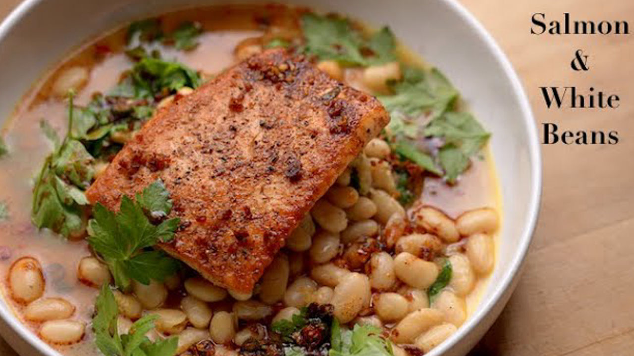Pan-roasted salmon over butter white beans
