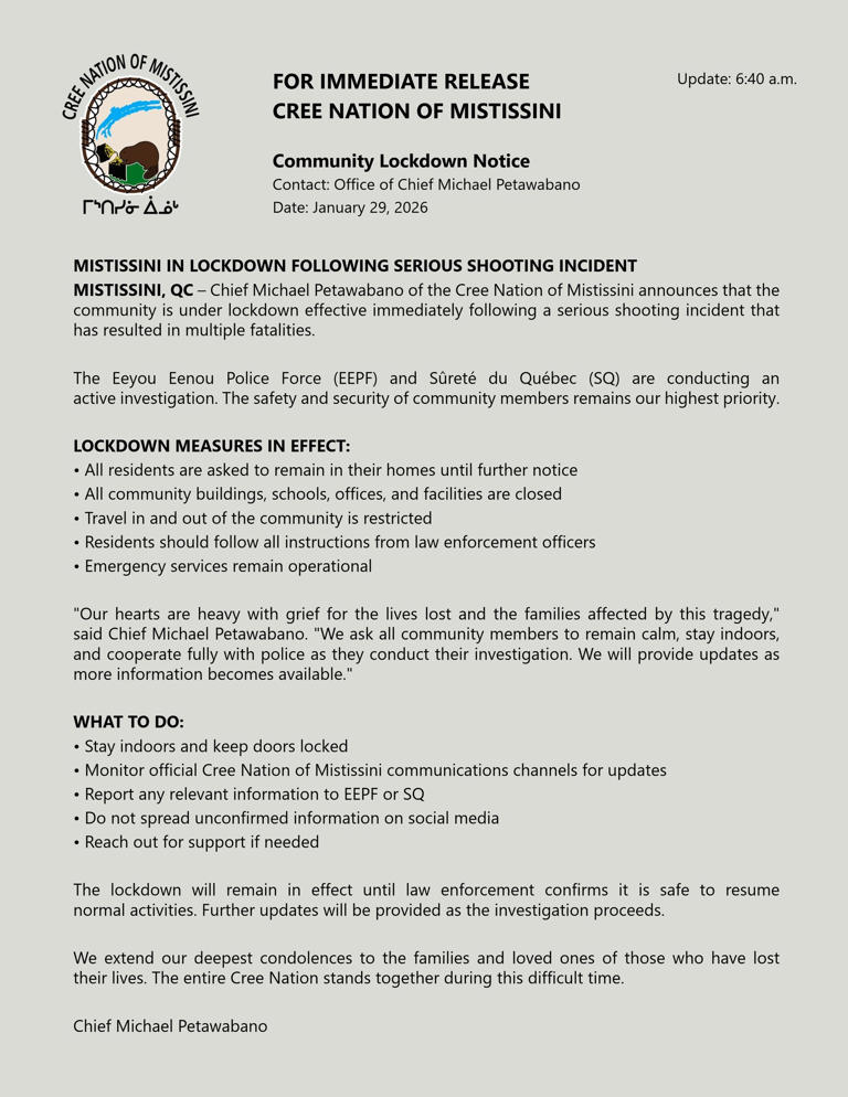 Quebec First Nation Mistissini on lockdown after deadly double shooting