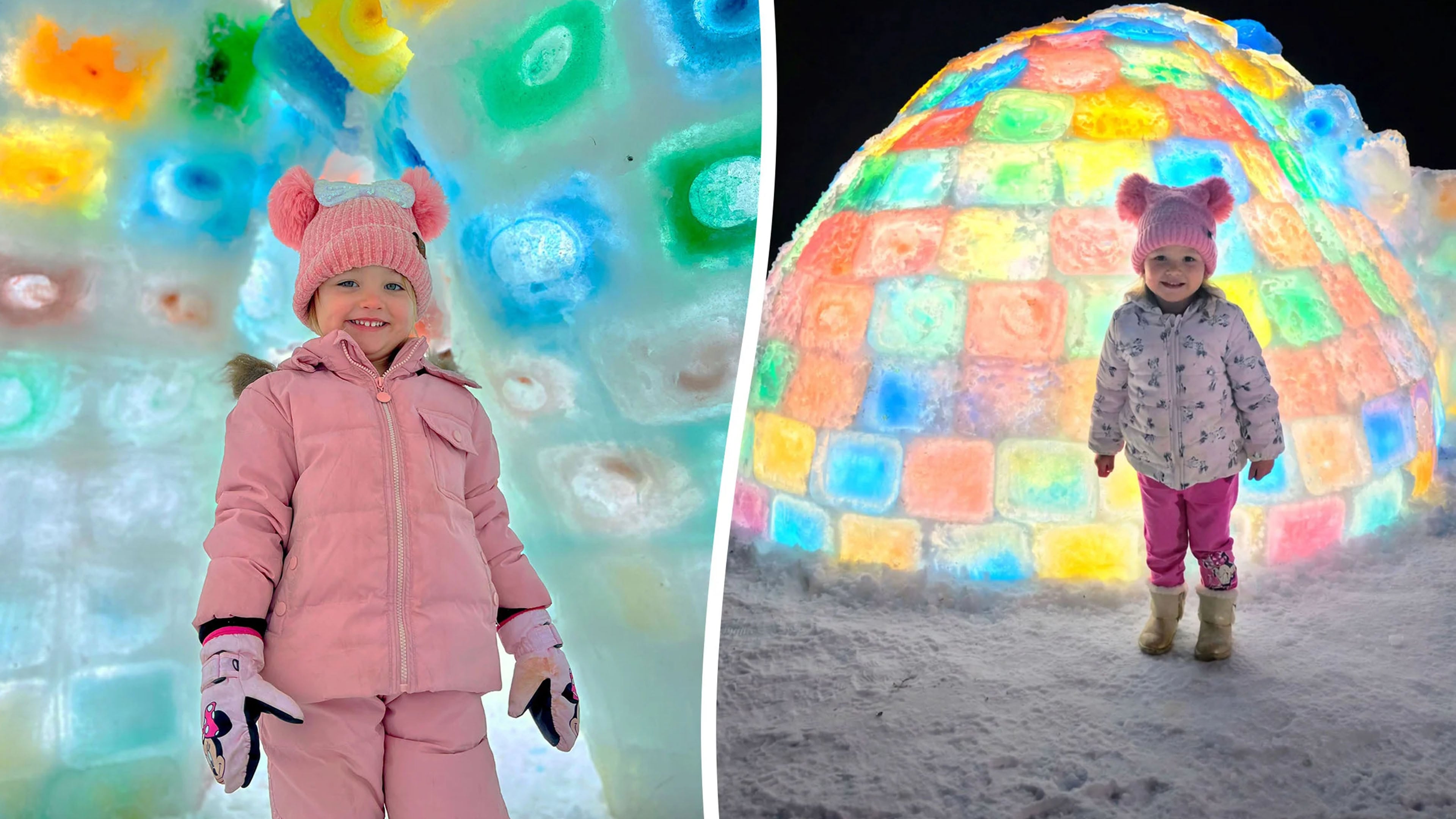 Family build rainbow igloo using snow from Storm Fern