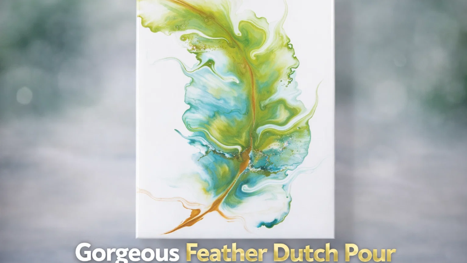 Gorgeous feather Dutch pour with green and gold color-shift paints