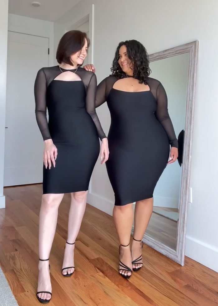 Two friends show how the same clothes look on their different bodies ...