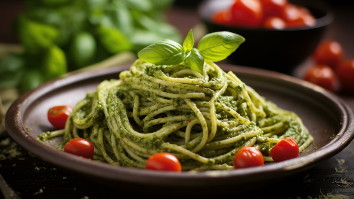 You have to try this spaghetti with basil-mustard pesto