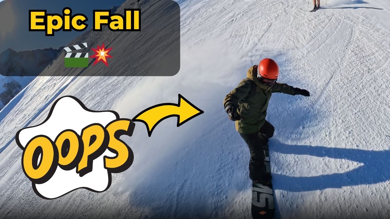 Skier falls while snowboarder maintains smooth descent down a snowy hill