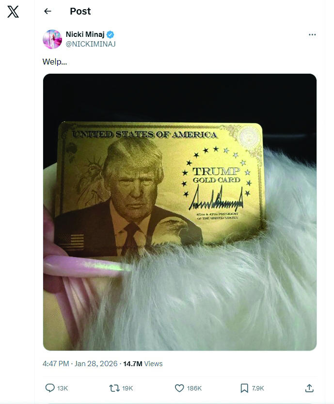 Nicki Minaj shows off Trump 'gold card'