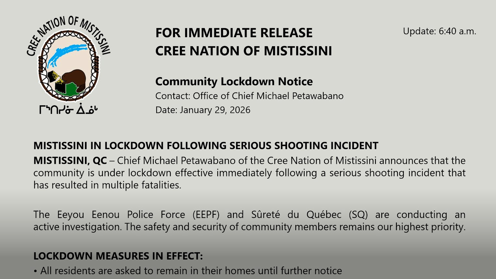 Two dead in First Nation shooting in northern Quebec's Mistissini community