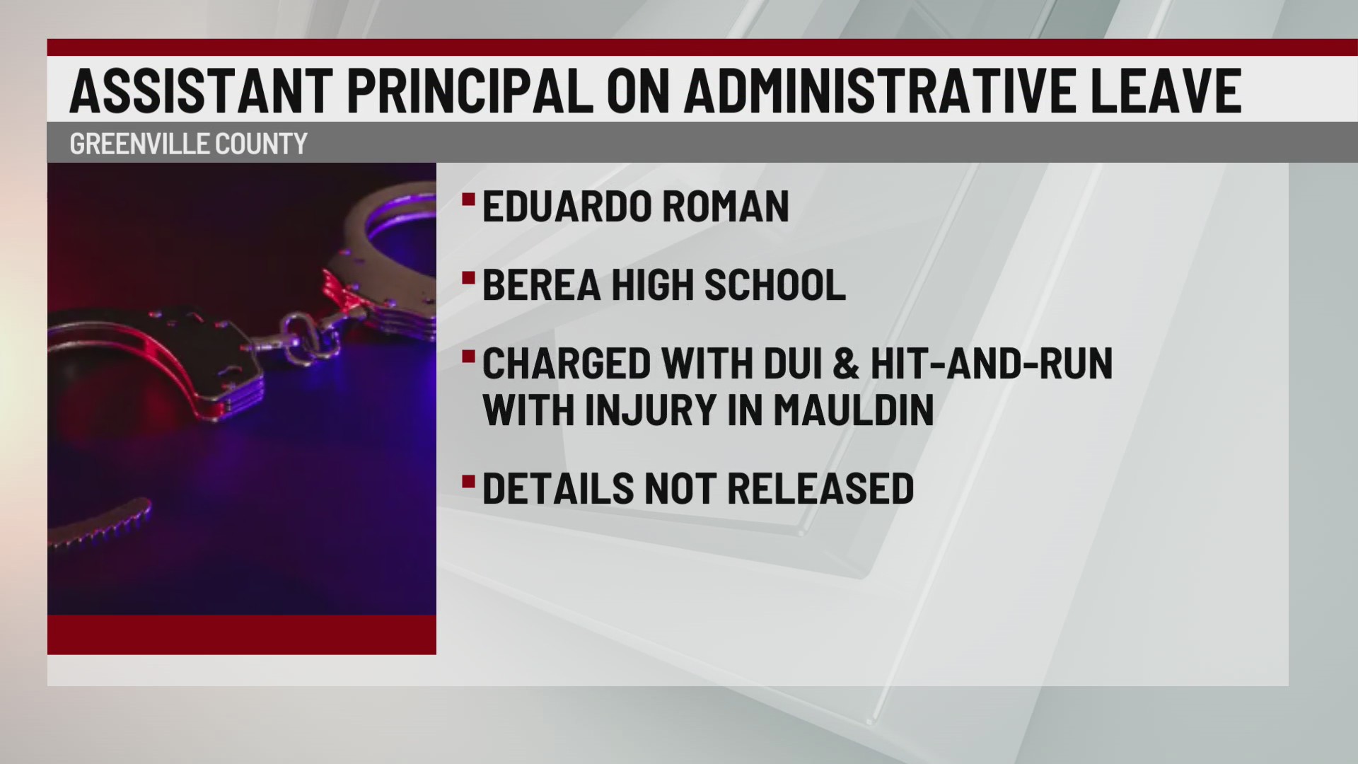 Upstate assistant principal placed on leave after DUI crash