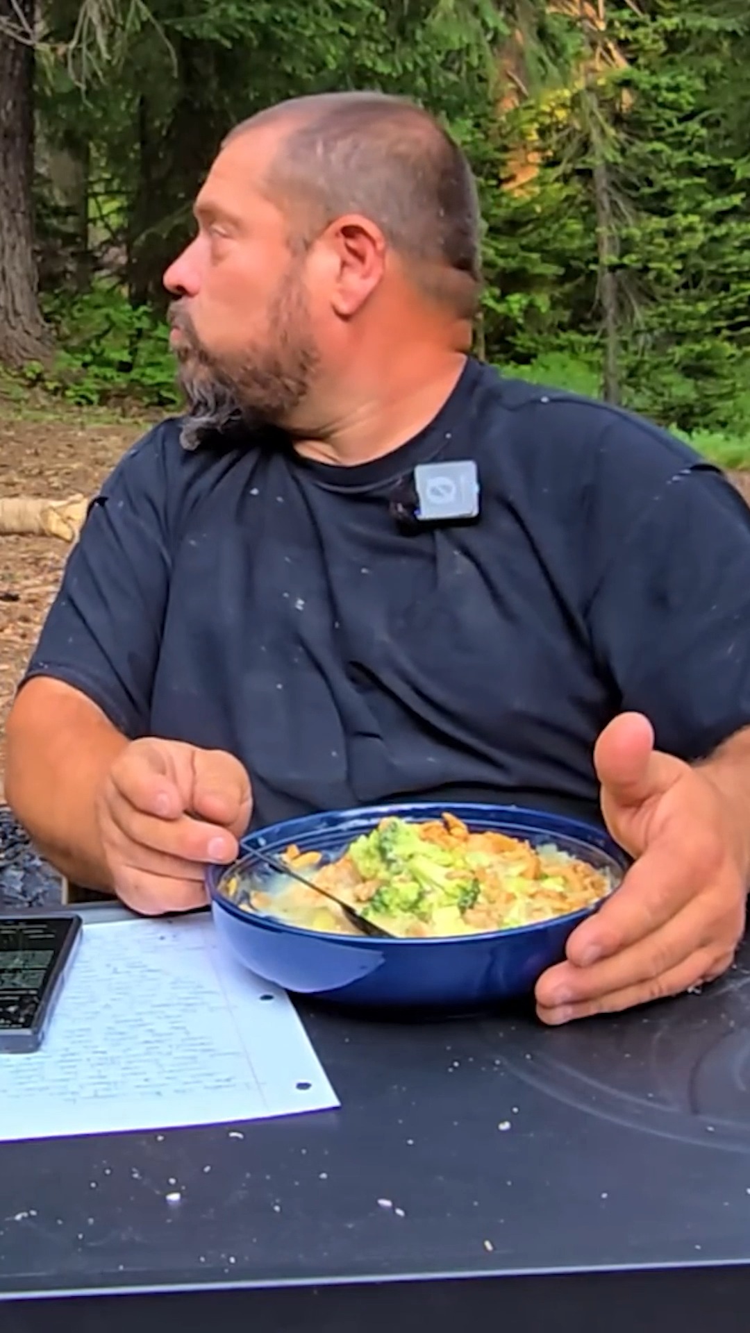 Cooking broccoli cheddar soup outdoors
