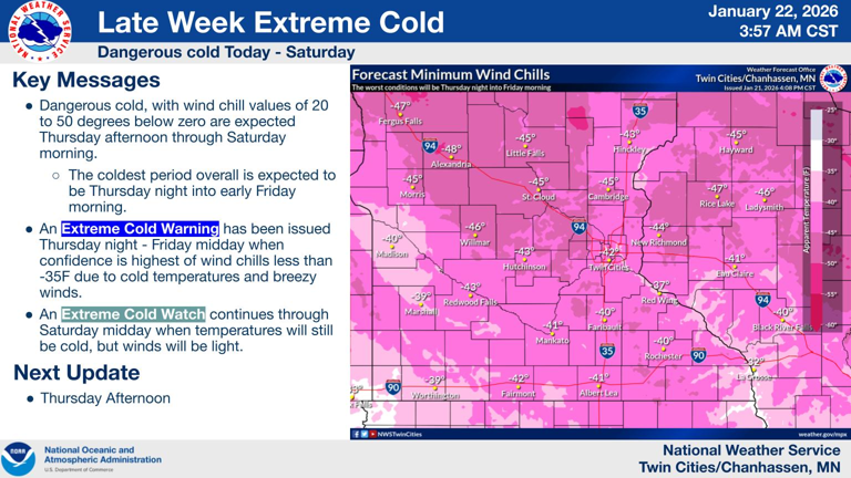 Wind chills up to 50 below zero arrive tonight: Minnesota weather