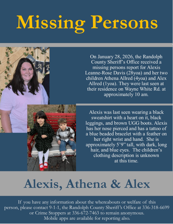 Mother, 2 young children reported missing in Randolph County