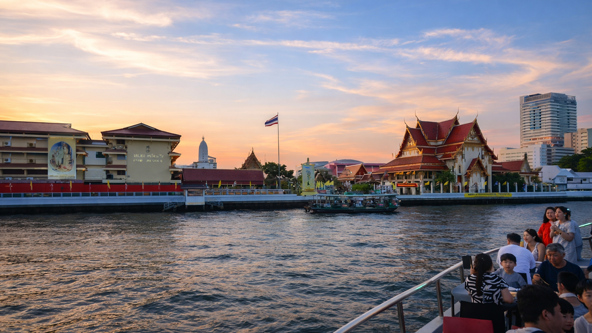 Bangkok scenic dinner cruise with city lights at sunset (4K)