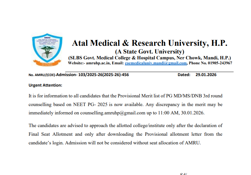 HP NEET PG counselling 2025 round 3 merit list released; 901 candidates ...