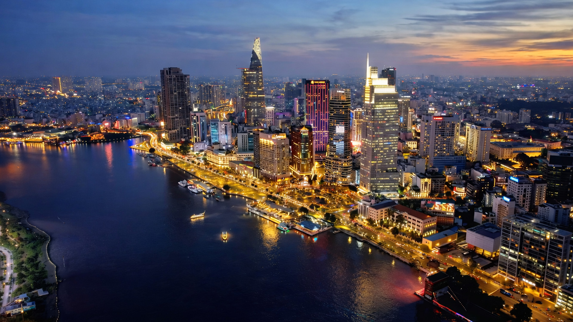 Ho Chi Minh City riverside lights after sunset