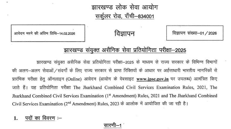 JPSC Civil Services Examination 2026: Notification for 103 vacancies ...