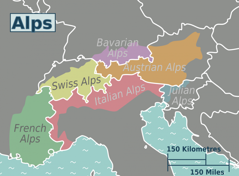 How many Alpine countries are surrounded by the Alps mountain range?