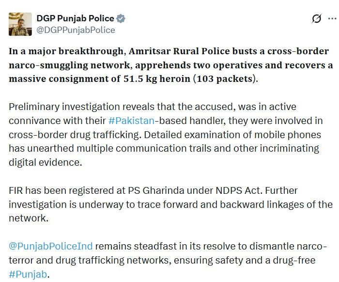 Punjab Police seize 51.5 kg heroin, bust Pak-linked narco network