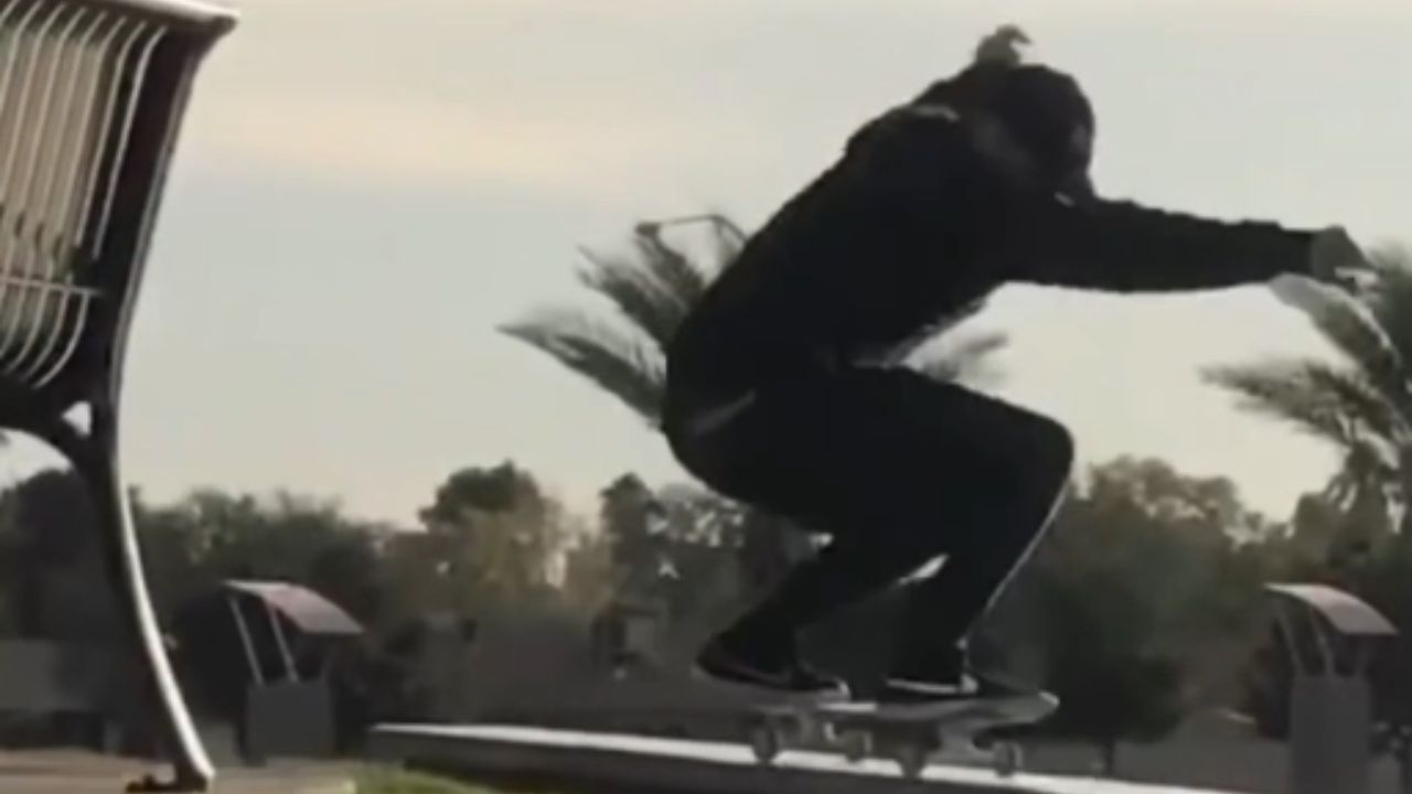 Lad tries a skating trick on a skinny ledge and gets folded by chaos
