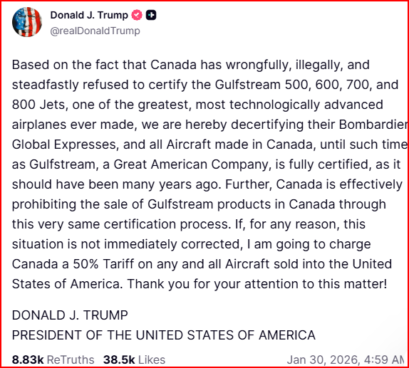Trump revokes certification of Canadian aircraft, threatens 50% tariff ...