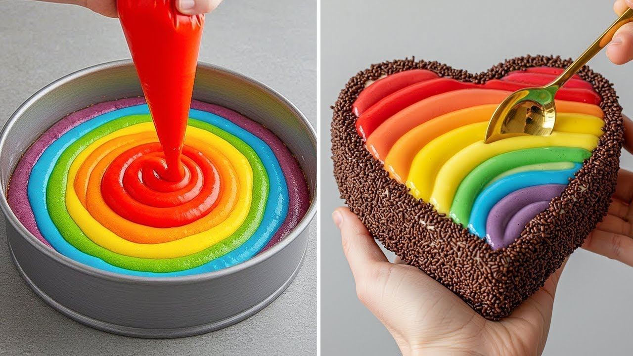 Rainbow layered cake batter and heart dessert