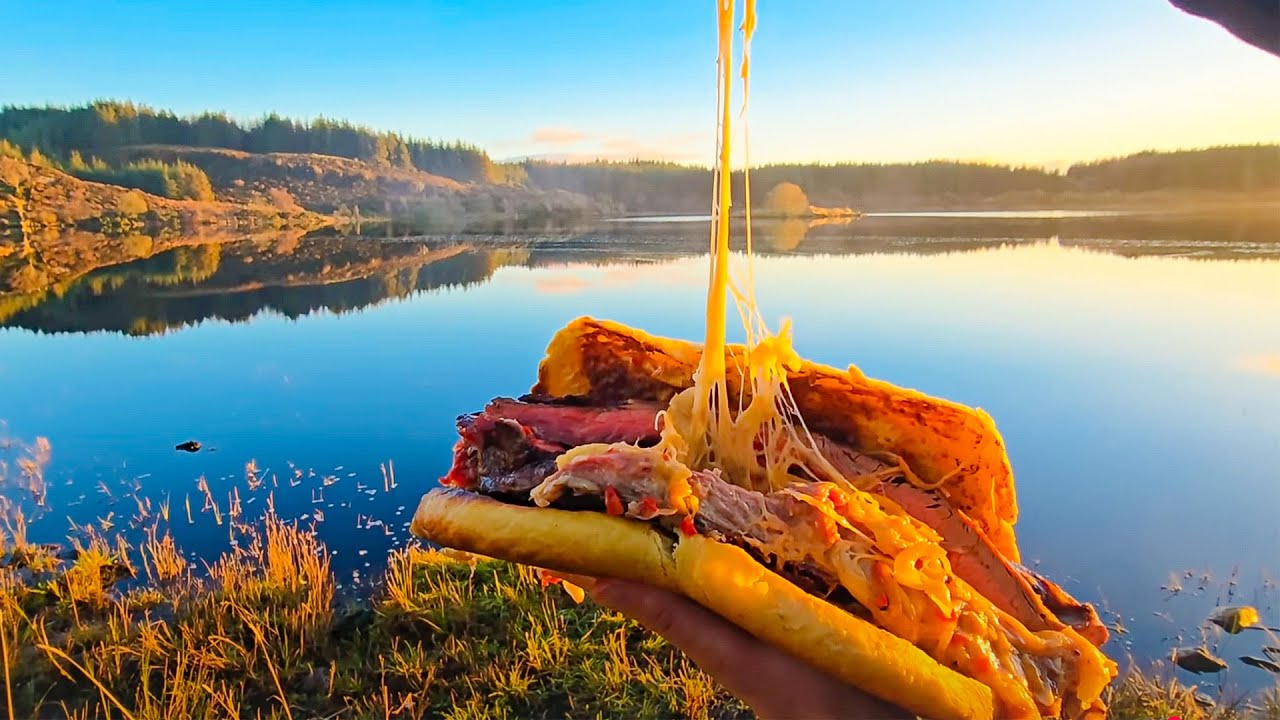 Steak inside a grilled cheese! ASMR outdoor cooking experience