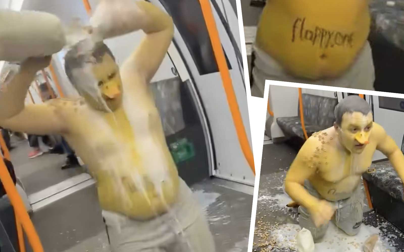 Man dressed as duck pours milk and cereal over himself in subway train
