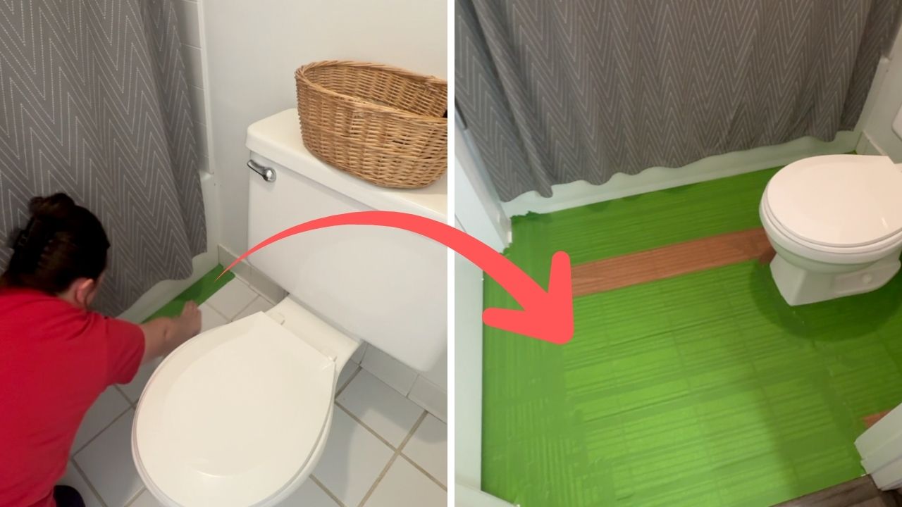 She tapes up her old bathroom floor for this genius idea!