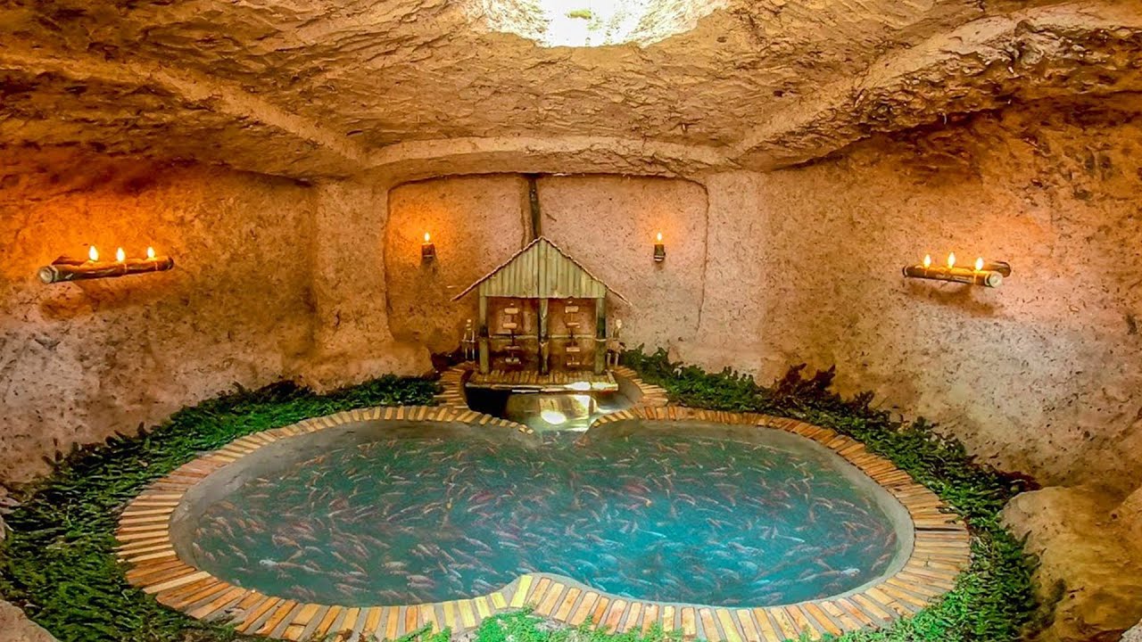 Building a secret underground fish pond with a DIY bamboo water wheel ...