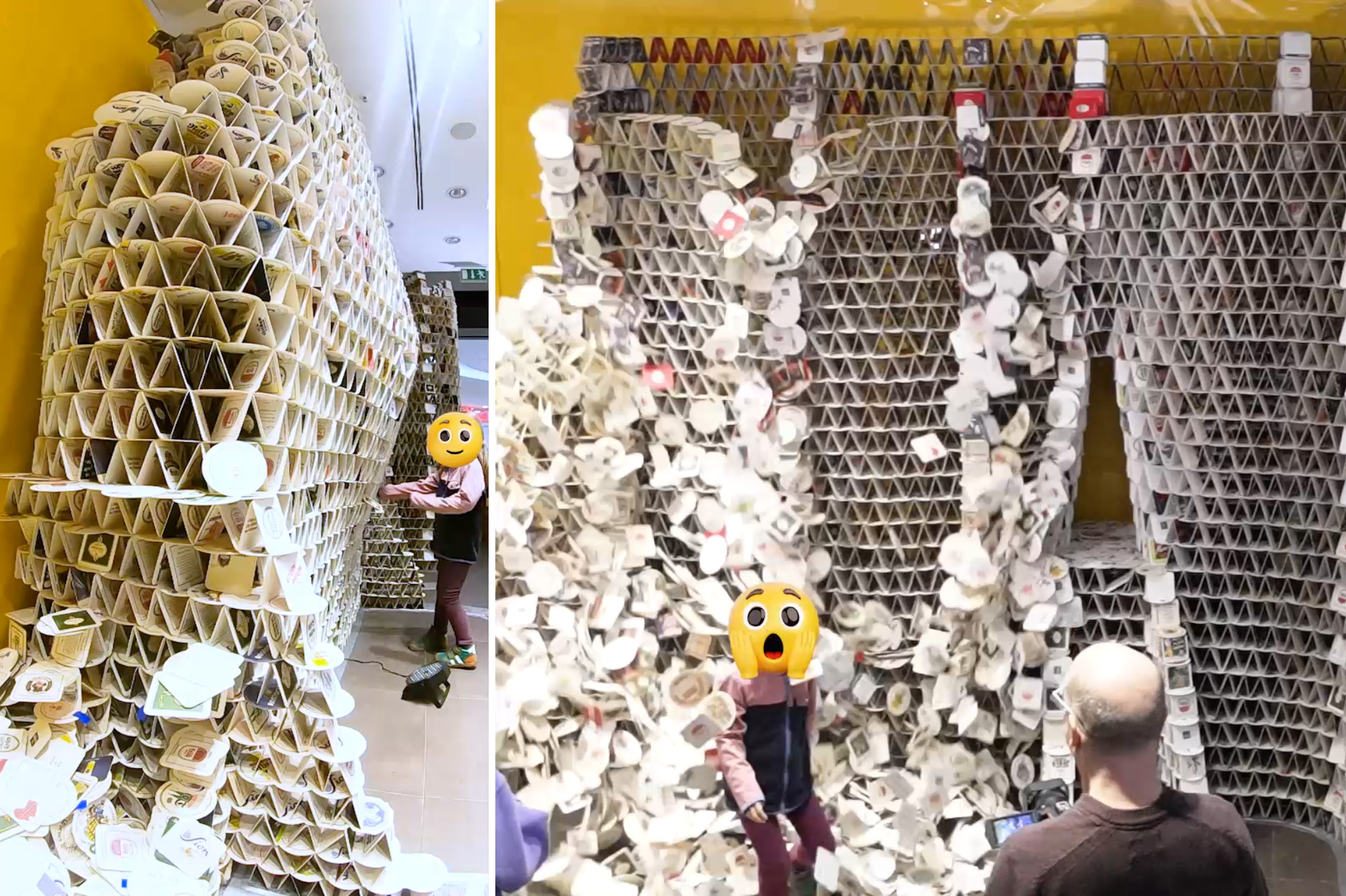 Young girl topples tower made from 63,000 beer coasters created by ...